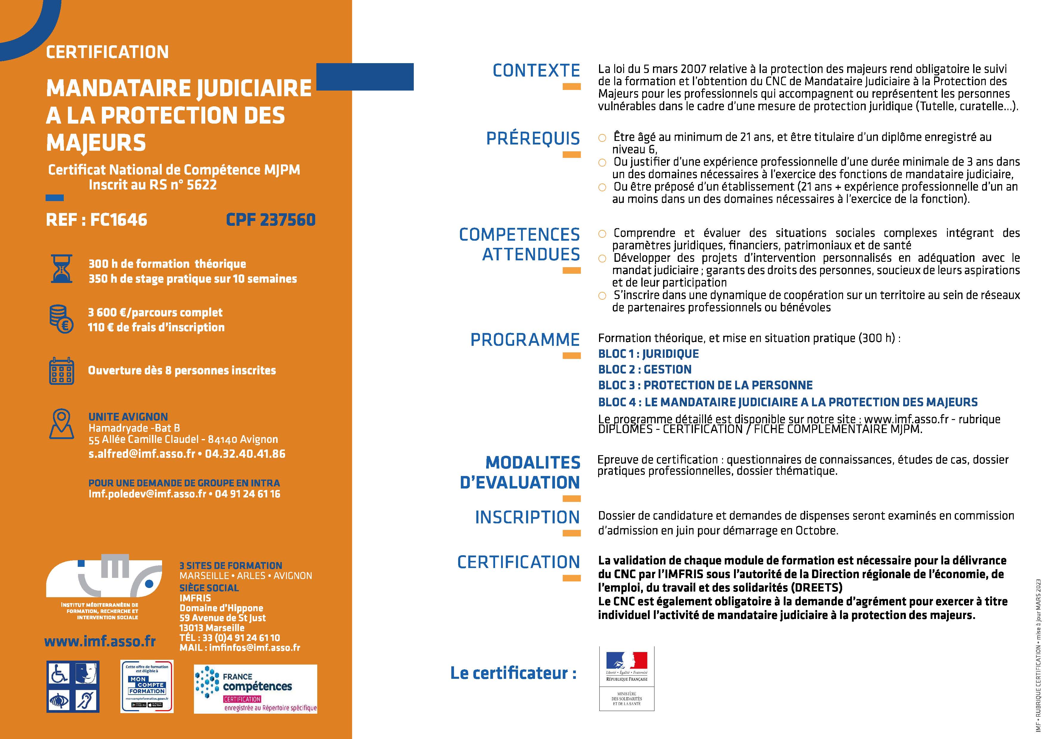 FC1646 – Mandataire judiciaire à la protection des majeurs (MJPM) – IMF RIS